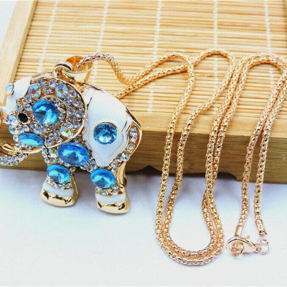 Unbranded | Jewelry | Blue Crystals On White Enamel Elephant Necklace | Poshmark